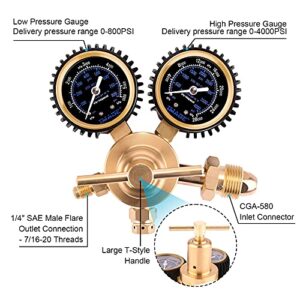 Nitrogen Regulator, IMAGE Nitrogen Gauge with 0-800 PSI Delivery Pressure Equipment Brass, CGA-580 Inlet Connection and 1/4-Inch Male Flare Outlet, Great for HVAC Purging, Brazing and Soldering