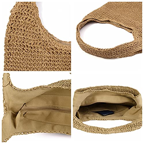 Ayliss Women Straw Woven Summer Beach Bag Tote Shoulder Handmade Weaving Handbag (Khaki #1)