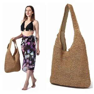 Ayliss Women Straw Woven Summer Beach Bag Tote Shoulder Handmade Weaving Handbag (Khaki #1)