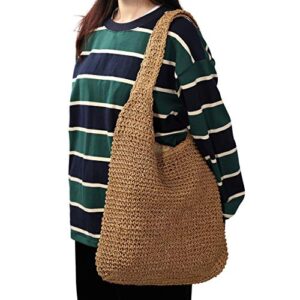 Ayliss Women Straw Woven Summer Beach Bag Tote Shoulder Handmade Weaving Handbag (Khaki #1)