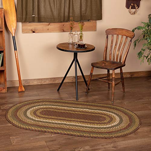 VHC Brands Tea Cabin Jute Oval Rug 36x60 Country Braided Flooring, Moss Green and Deep Red