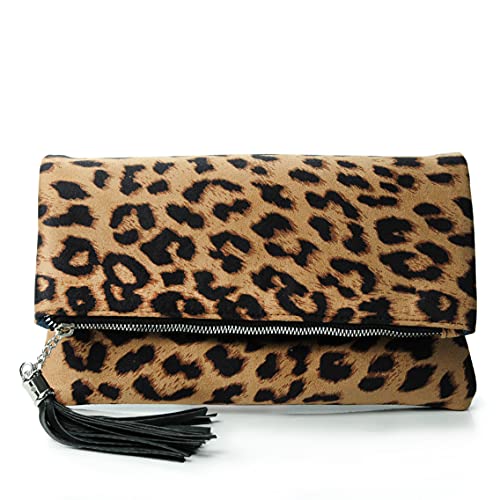 Leopard Zipper Foldover Clutch Envelope Purse Women Cross body Bag with Chain Strap (Leopard) Medium