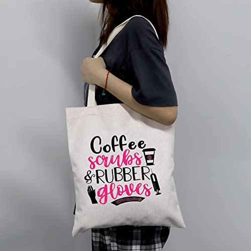 LEVLO Funny Nurse RN Tote Bags Nurse Appreciation Gift Coffee Scrubs And Rubber Gloves Shopping Bags Nurse Graduation Gift (Coffee Scrubs And Rubber Gloves)