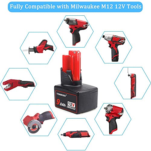 TENMOER 2 Pack 9.0Ah Compatible with Milwaukee M12 Battery Replacement for Milwaukee M12 12V Batteries 48-11-2460