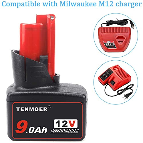 TENMOER 2 Pack 9.0Ah Compatible with Milwaukee M12 Battery Replacement for Milwaukee M12 12V Batteries 48-11-2460