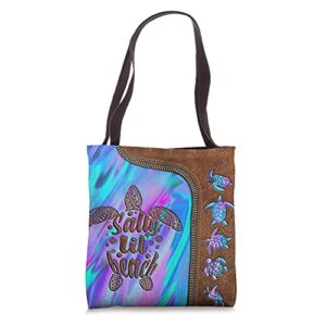 salty lil’ sea turtle beach zipper-leather-bag turtle lover tote bag