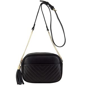 fashionpuzzle chevron quilted crossbody camera bag with chain strap and tassel (black) one size