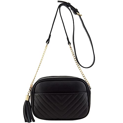 FashionPuzzle Chevron Quilted Crossbody Camera Bag with Chain Strap and Tassel (Black) One Size