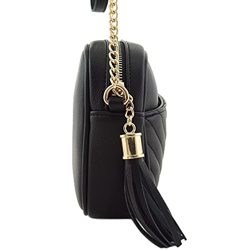 FashionPuzzle Chevron Quilted Crossbody Camera Bag with Chain Strap and Tassel (Black) One Size