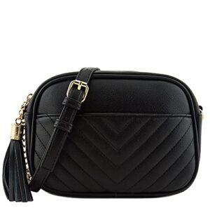 FashionPuzzle Chevron Quilted Crossbody Camera Bag with Chain Strap and Tassel (Black) One Size