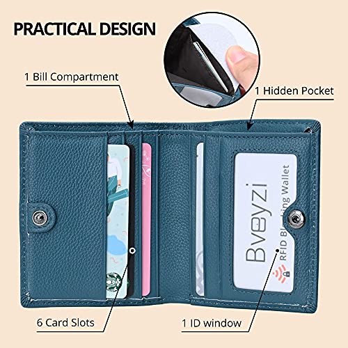 Bveyzi Ultra Slim Small Leather Women Wallet Rfid Blocking Tiny Thin Bifold Pocket Ladies Purse(Lake Blue)