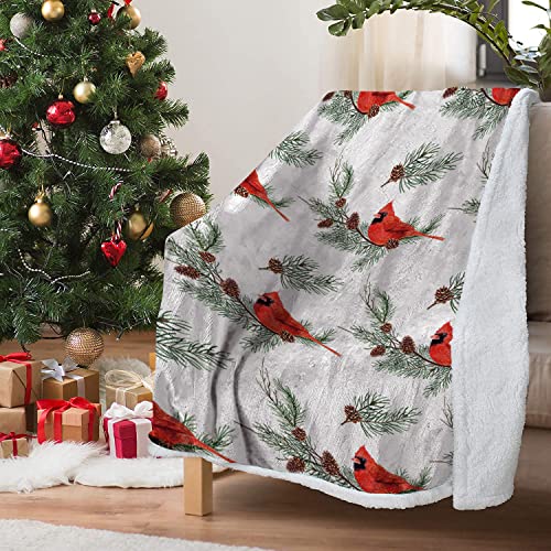 SUN-Shine Sherpa Fleece Throw Blanket Cardinal Birds with Pine Cones Leaves Home Decor Reversible Fuzzy Warm and Cozy Throws, Christmas Super Soft Plush Bed TV Blankets for Couch/Sofa/Travel