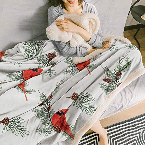 SUN-Shine Sherpa Fleece Throw Blanket Cardinal Birds with Pine Cones Leaves Home Decor Reversible Fuzzy Warm and Cozy Throws, Christmas Super Soft Plush Bed TV Blankets for Couch/Sofa/Travel