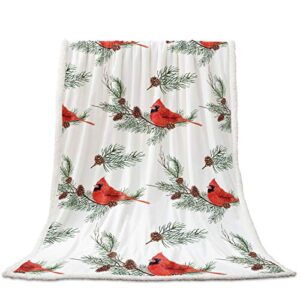 SUN-Shine Sherpa Fleece Throw Blanket Cardinal Birds with Pine Cones Leaves Home Decor Reversible Fuzzy Warm and Cozy Throws, Christmas Super Soft Plush Bed TV Blankets for Couch/Sofa/Travel