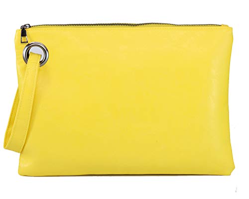 AMAZE Womens Oversized Clutch Bag Large PU Leather Pouch Evening Handbags Envelope Purse with Wristlet Shoulder Lady (Yellow)