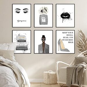 Glam Gray Fashion Wall Decor Girls Room Decor Wall Art Silver Perfume Book High Heels Posters Prints Bedroom Decor for Women (11x14in Unframed)