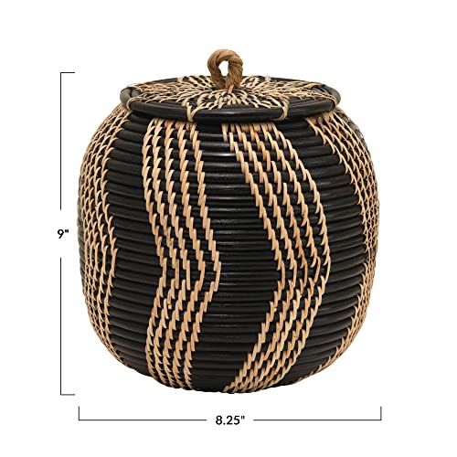 Boho Handwoven Rattan Storage Basket with Lid, Natural and Black