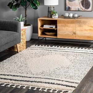 nuloom kiera moroccan diamond shag tassel area rug, 4 ft x 6 ft, off white