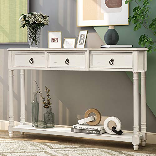 P PURLOVE Console Table Sofa Table with 3 Drawers Luxurious and Exquisite Design for Entryway with Projecting Drawers and Long Shelf (Antique White)