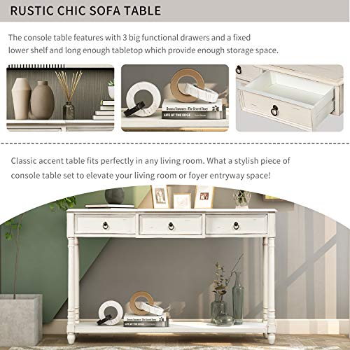 P PURLOVE Console Table Sofa Table with 3 Drawers Luxurious and Exquisite Design for Entryway with Projecting Drawers and Long Shelf (Antique White)