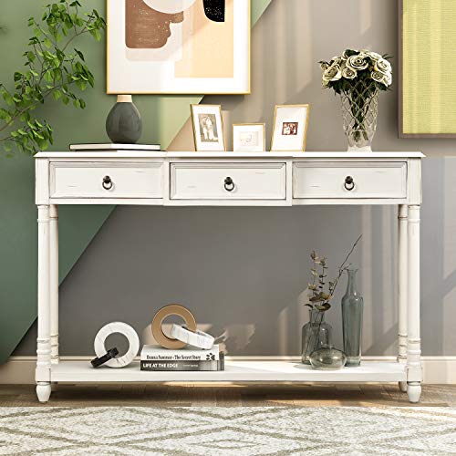 P PURLOVE Console Table Sofa Table with 3 Drawers Luxurious and Exquisite Design for Entryway with Projecting Drawers and Long Shelf (Antique White)