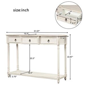 P PURLOVE Console Table Sofa Table with 3 Drawers Luxurious and Exquisite Design for Entryway with Projecting Drawers and Long Shelf (Antique White)