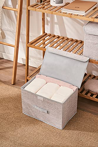 SamiTime Large Foldable Storage Orangizer Bins Boxes with Lids Cover, Fabric Storage Baskets Containers Cube with Cover for Home Bedroom Closet Office Nursery (Gray Linen)