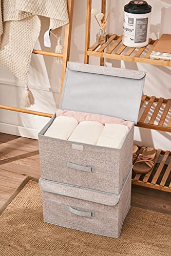 SamiTime Large Foldable Storage Orangizer Bins Boxes with Lids Cover, Fabric Storage Baskets Containers Cube with Cover for Home Bedroom Closet Office Nursery (Gray Linen)