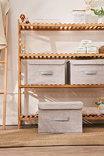 SamiTime Large Foldable Storage Orangizer Bins Boxes with Lids Cover, Fabric Storage Baskets Containers Cube with Cover for Home Bedroom Closet Office Nursery (Gray Linen)