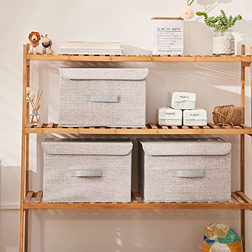 SamiTime Large Foldable Storage Orangizer Bins Boxes with Lids Cover, Fabric Storage Baskets Containers Cube with Cover for Home Bedroom Closet Office Nursery (Gray Linen)