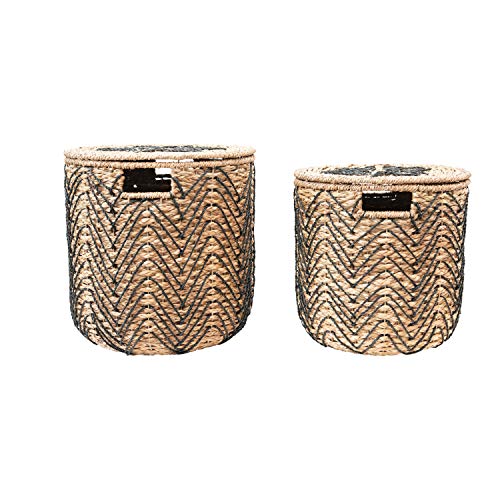 Bloomingville Handmade Woven Bankuan Baskets with Lids, Natural & Black, Set of 2 Storage Box, 2