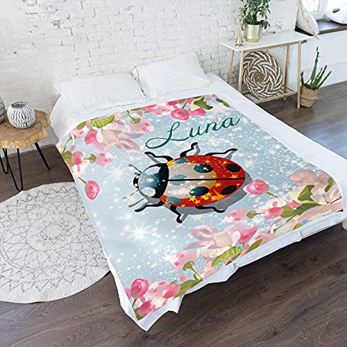 Personalized Ladybug on Pretty Flower Baby Blanket with Name Text Custom Newborns Infants Swaddling Blankets for Boys &Girls Shower Birthday Gift 30 X 40 inches