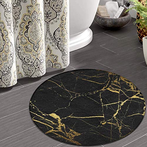 NiYoung Chic Black and Gold Marble Texture Round Area Rug for Bedroom, Living Room, Home, Kitchen/Memory Foam Ultra-Soft Spa Floor Mats Entrance Rug, Fast Dry Shaggy Carpet (36" Diameter)