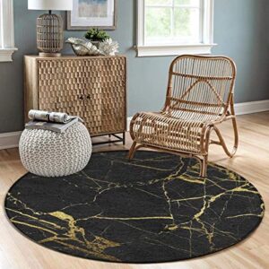 NiYoung Chic Black and Gold Marble Texture Round Area Rug for Bedroom, Living Room, Home, Kitchen/Memory Foam Ultra-Soft Spa Floor Mats Entrance Rug, Fast Dry Shaggy Carpet (36" Diameter)