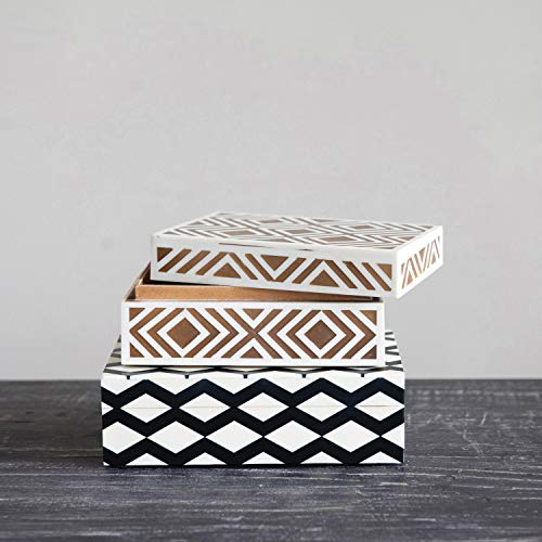 Creative Co-Op Resin & MDF Lid & Pattern Inlay, Black & White Storage Box