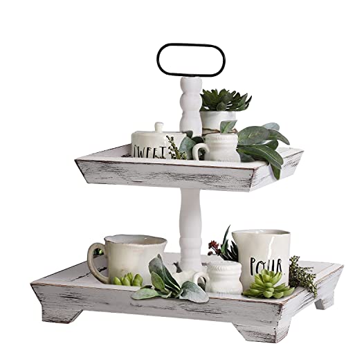 HAPOO Tiered Tray Two Tiered Tray for Easter Fall Halloween Thanksgiving Christmas Decors Wood Farmhouse Tiered Tray Stand for Countertop