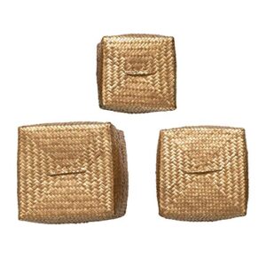 Creative Co-Op Hand-Woven Seagrass Baskets with Lids, Gold Color, Set of 3 Storage Box, 3