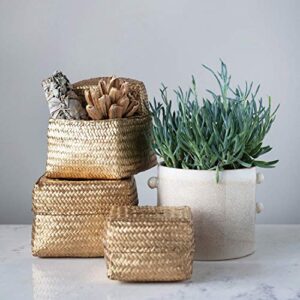 Creative Co-Op Hand-Woven Seagrass Baskets with Lids, Gold Color, Set of 3 Storage Box, 3