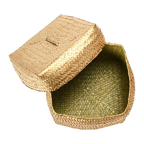 Creative Co-Op Hand-Woven Seagrass Baskets with Lids, Gold Color, Set of 3 Storage Box, 3