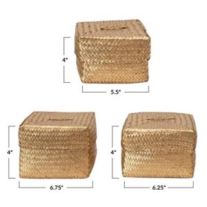 Creative Co-Op Hand-Woven Seagrass Baskets with Lids, Gold Color, Set of 3 Storage Box, 3