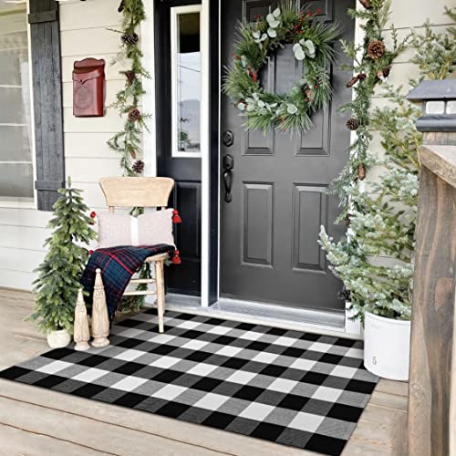 Buffalo Plaid Rug 3' x 5' Buffalo Check Rug Cotton Black and White Washable Checkered Outdoor Rug Carpet for Farmhouse Living Room/Dining Room/Bedroom