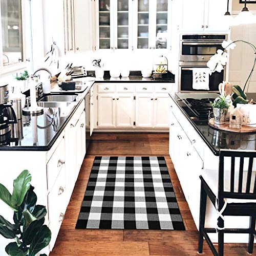 Buffalo Plaid Rug 3' x 5' Buffalo Check Rug Cotton Black and White Washable Checkered Outdoor Rug Carpet for Farmhouse Living Room/Dining Room/Bedroom