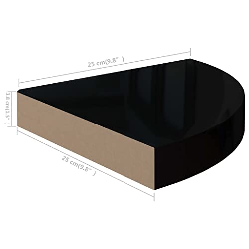 vidaXL Floating Corner Shelf Floating Display Shelf Wall Mounted Shelf Ledge Hanging CD Rack Board Bedroom Living Room High Gloss Black 9.8" MDF