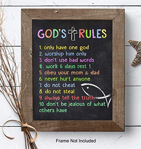 Ten Commandments Wall Decor for Kids, Boys, Girls Bedroom, Toddler Room or Nursery - Religious Bible Verse Wall Art, Christian Scripture Home Decoration - Cute Gift - 8x10 UNFRAMED Picture Print