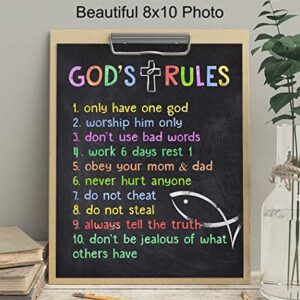 Ten Commandments Wall Decor for Kids, Boys, Girls Bedroom, Toddler Room or Nursery - Religious Bible Verse Wall Art, Christian Scripture Home Decoration - Cute Gift - 8x10 UNFRAMED Picture Print