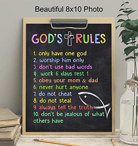 Ten Commandments Wall Decor for Kids, Boys, Girls Bedroom, Toddler Room or Nursery - Religious Bible Verse Wall Art, Christian Scripture Home Decoration - Cute Gift - 8x10 UNFRAMED Picture Print