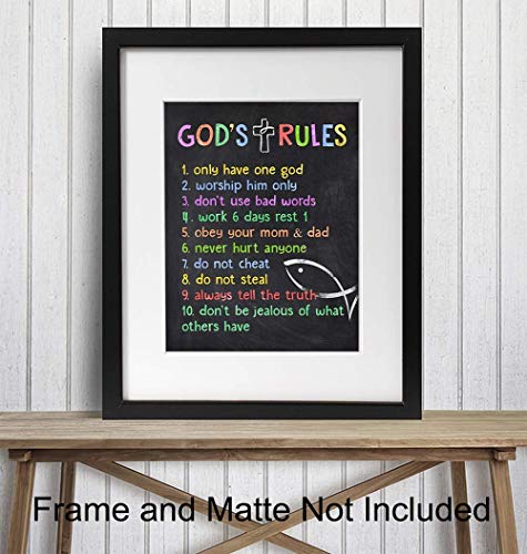 Ten Commandments Wall Decor for Kids, Boys, Girls Bedroom, Toddler Room or Nursery - Religious Bible Verse Wall Art, Christian Scripture Home Decoration - Cute Gift - 8x10 UNFRAMED Picture Print