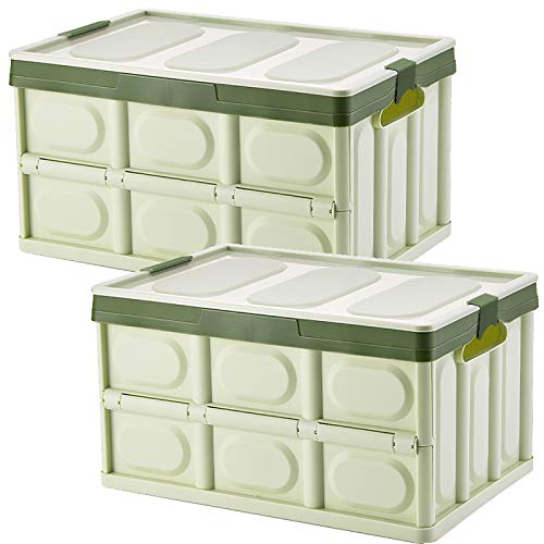 Lidded Storage Bins 2 Pack 30L Collapsible Storage Box Crates Plastic Tote Storage Box Container Stackable Folding Utility Crates for Clothes, Toy, Books,Snack, Shoe, and Grocery Storage Bin-Green