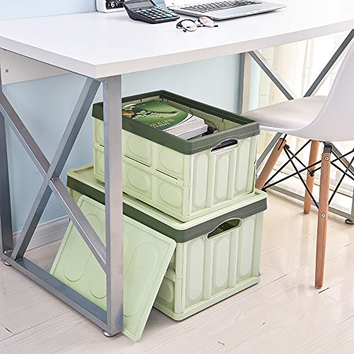 Lidded Storage Bins 2 Pack 30L Collapsible Storage Box Crates Plastic Tote Storage Box Container Stackable Folding Utility Crates for Clothes, Toy, Books,Snack, Shoe, and Grocery Storage Bin-Green