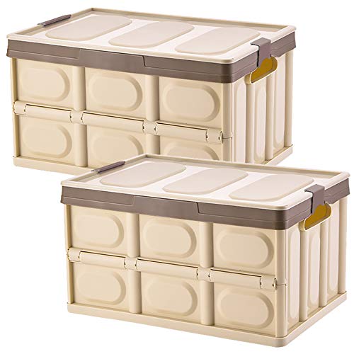 Lidded Storage Bins 2 Pack 30L Collapsible Storage Box Crates Plastic Tote Storage Box Container Stackable Folding Utility Crates for Clothes, Toy, Books,Snack, Shoe, and Grocery Storage Bin